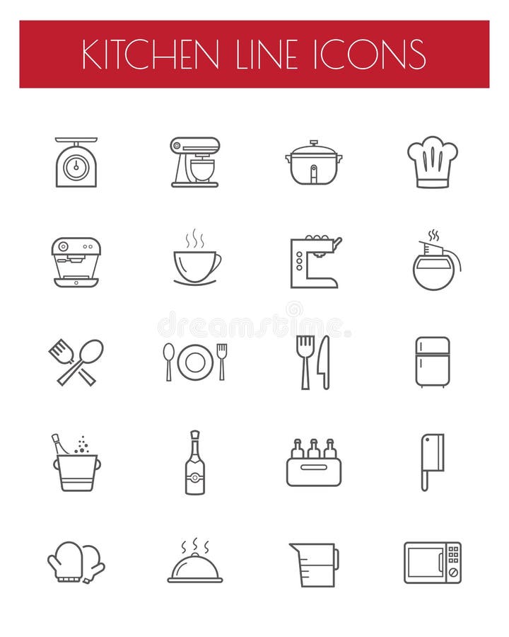 Kitchen Tools Line Icon Set Stock Vector - Illustration of scale, flat ...