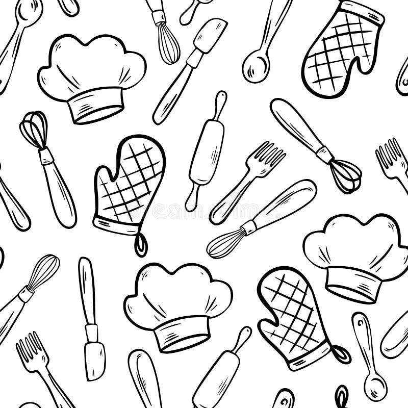 Kitchen Tools Seamless Pattern. Doodle Free Hand Style for Kitchen ...