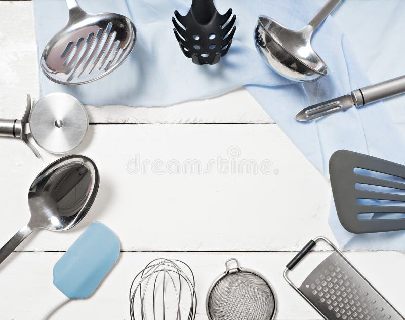Kitchen Tools on Table. Space for Text Stock Photo - Image of copy ...