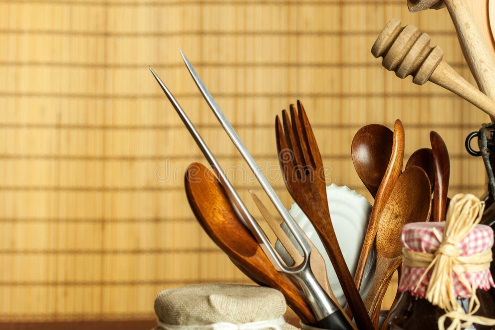 Kitchen Tools on the Table. Utensils for Chefs. Old Wooden Spoon. Stock ...