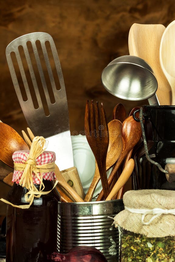 Kitchen Tools on the Table. Utensils for Chefs. Old Wooden Spoon. Stock ...