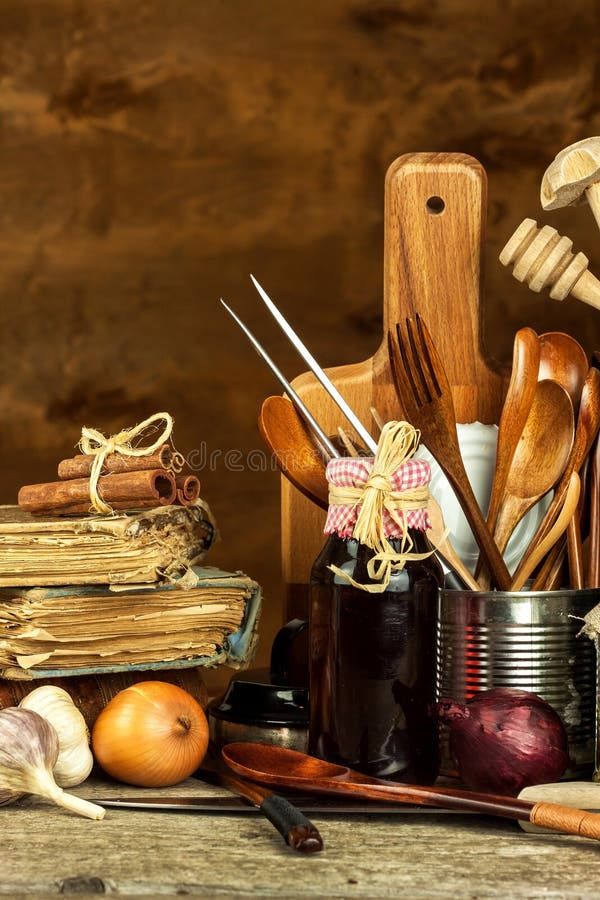 Kitchen Tools on the Table. Utensils for Chefs. Old Wooden Spoon. Stock ...