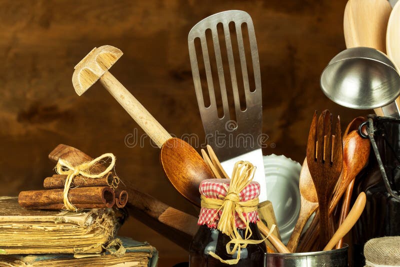 Kitchen Tools on the Table. Utensils for Chefs. Old Wooden Spoon. Stock ...