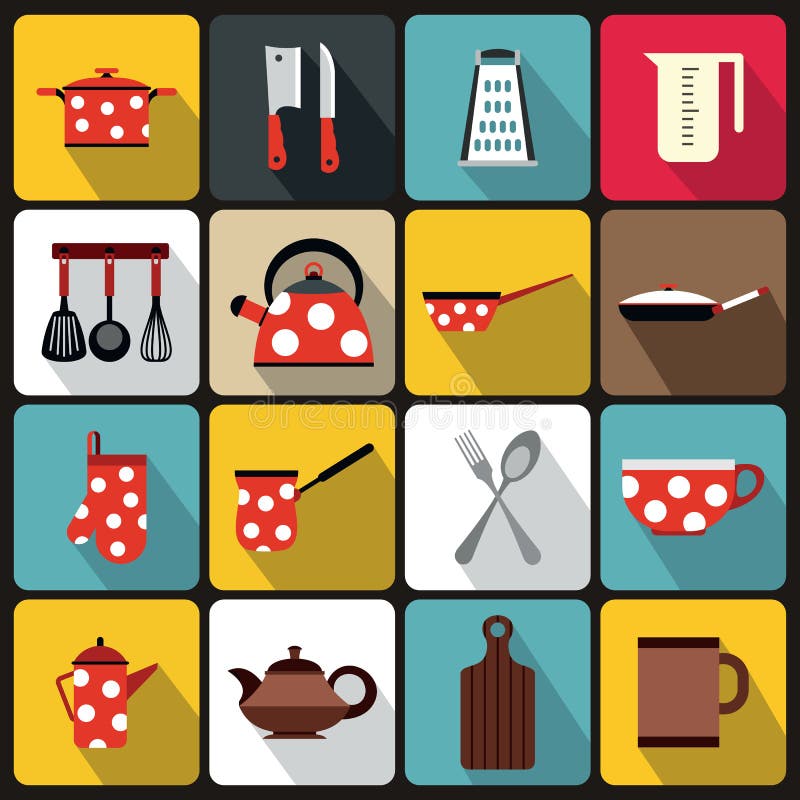 Kitchen Tools and Utensils Icons, Flat Style Stock Vector ...