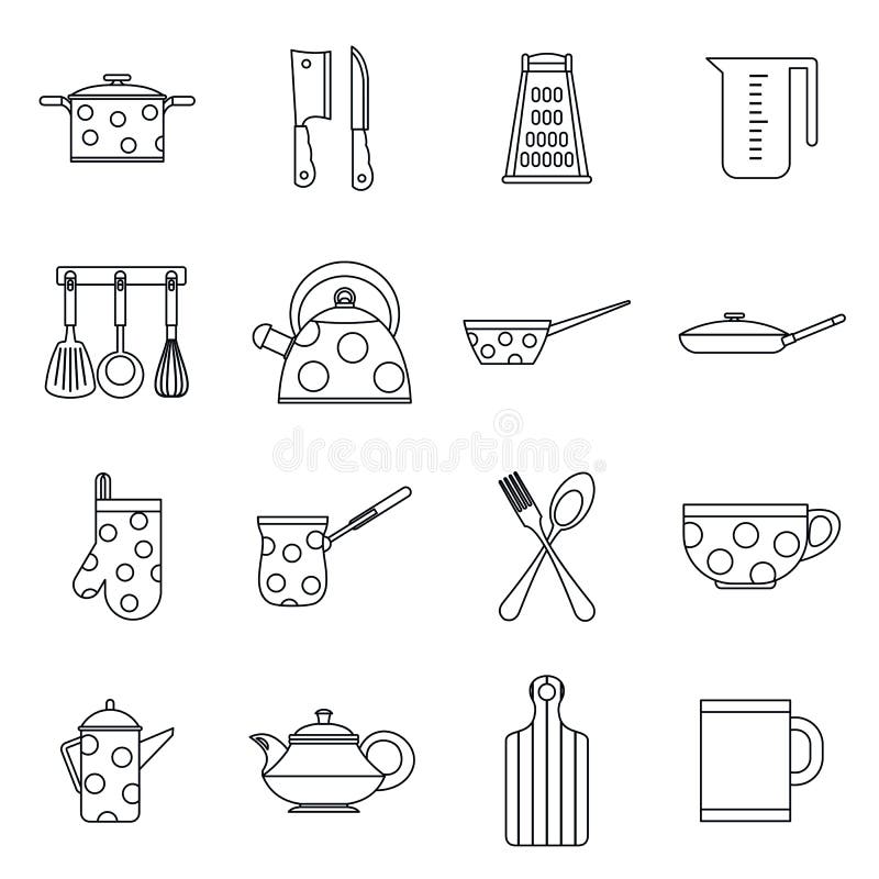Kitchen Tools and Utensils Icons, Outline Style Stock Illustration ...