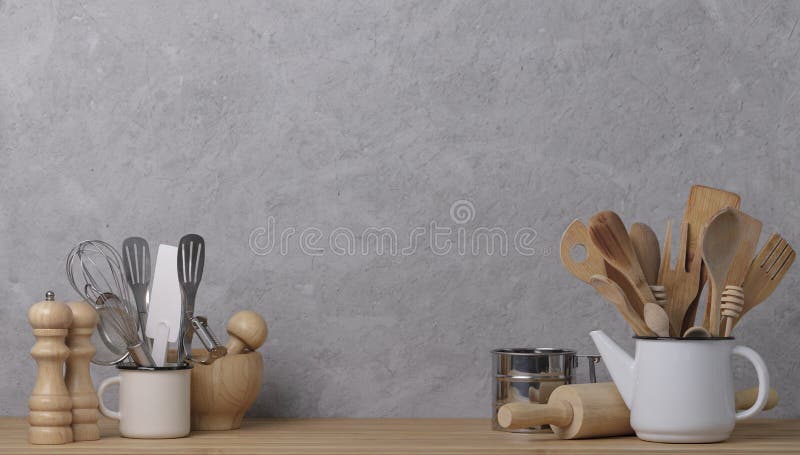 Kitchen Tools, Utensils and Kitchenware on the Table on a Grey Concrete ...