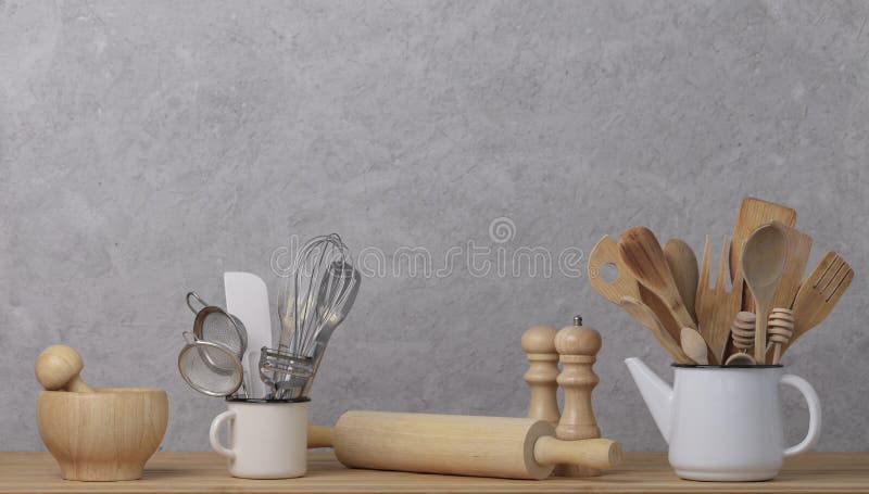 Kitchen Tools, Utensils and Kitchenware on the Table on a Grey Concrete ...