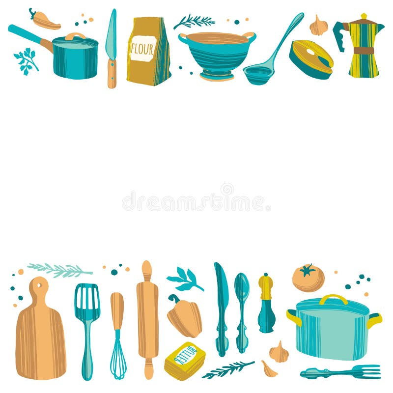 Kitchen Tools. Vector Decorative Frame in Flat Hand Drawn Style. Stock ...