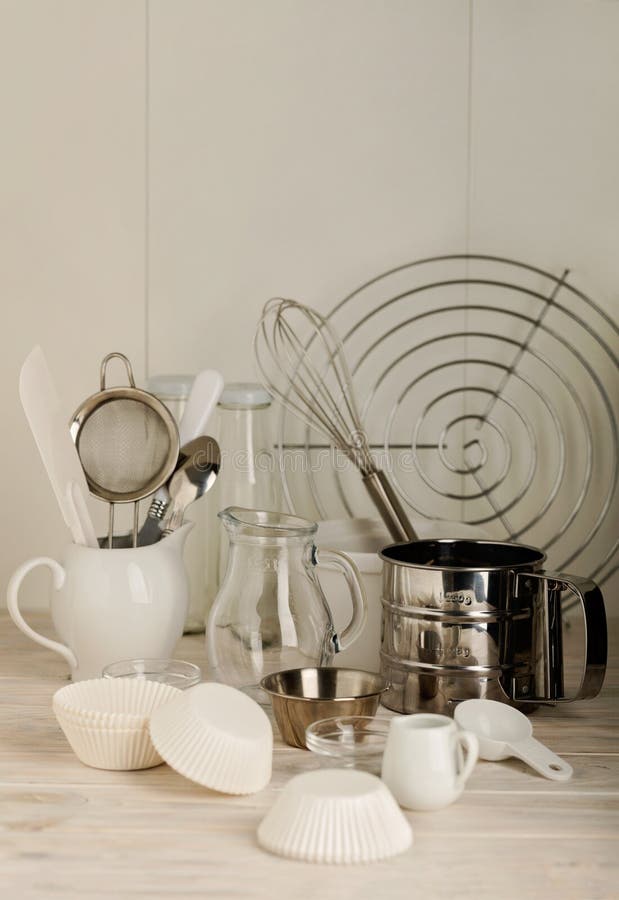Kitchen Tools of White and Steel Color Accessories for Baking Stock ...