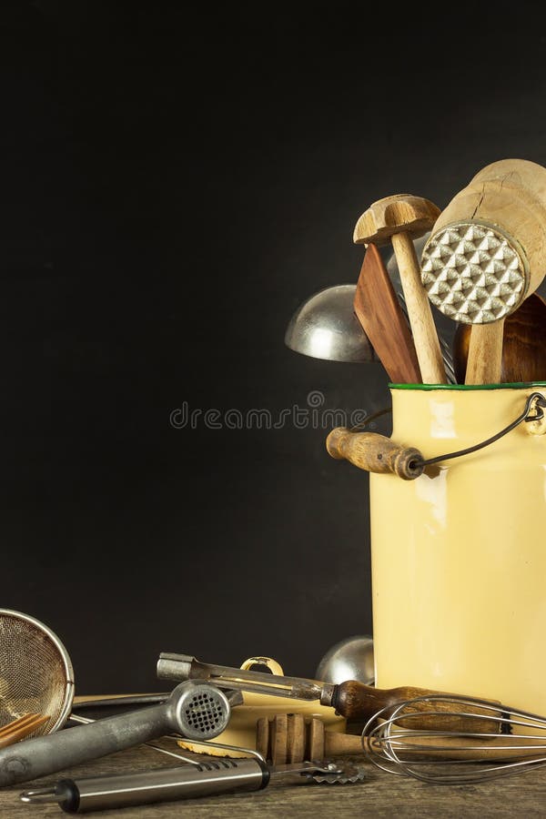 Kitchen Tools on a Wooden Table. Cook& X27;s Tools. Traditional ...