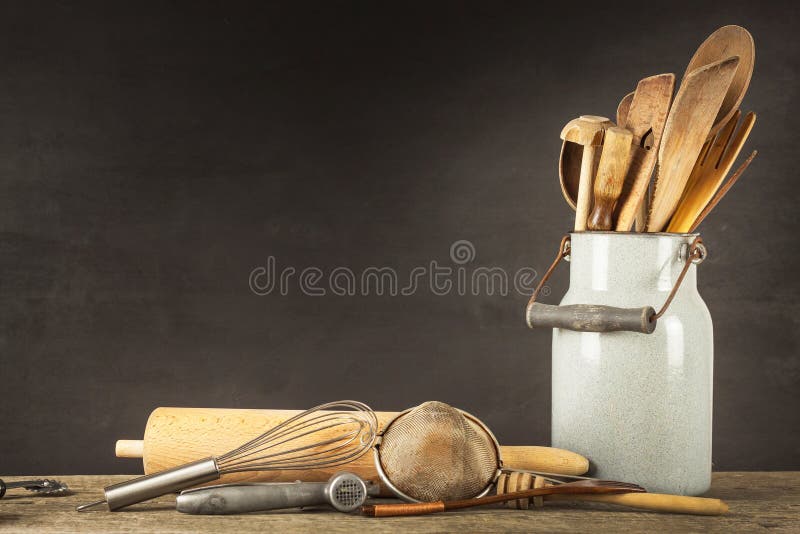 Kitchen Tools on a Wooden Table. Cook& X27;s Tools. Traditional ...