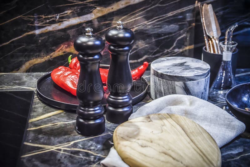 A Kitchen Top with Utensils Stock Photo - Image of knives, flavor ...