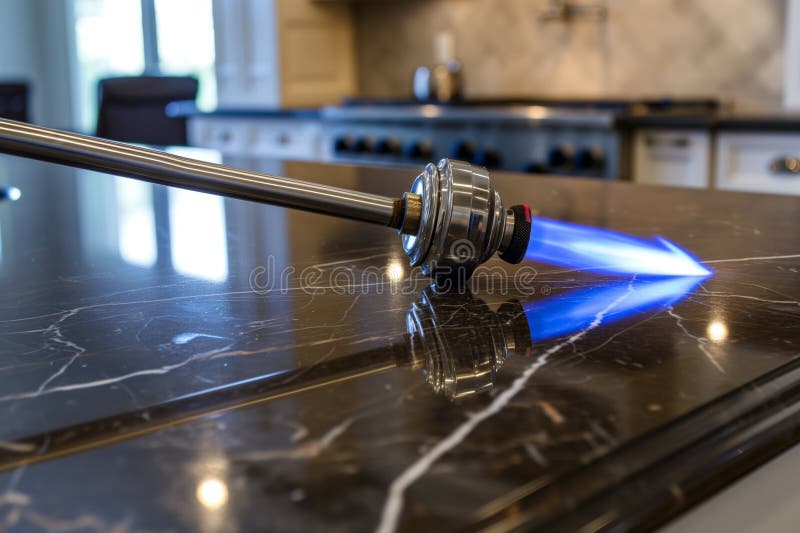 Kitchen Torch Resting on a Modern Marble Countertop with Blue Flame ...