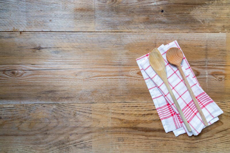 Kitchen Towel Background with Wooden Spoons Stock Photo - Image of ...