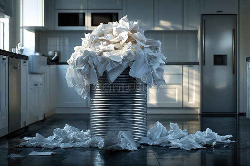 A Kitchen with a Trash Can Full of Paper Stock Photo - Image of motion ...