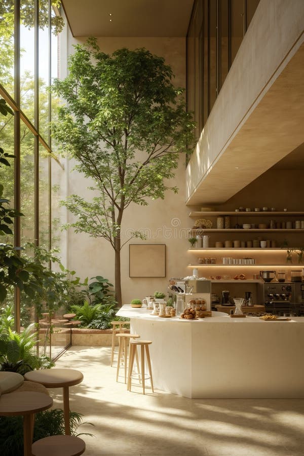 A Kitchen with a Tree in the Middle of the Room Stock Image - Image of ...