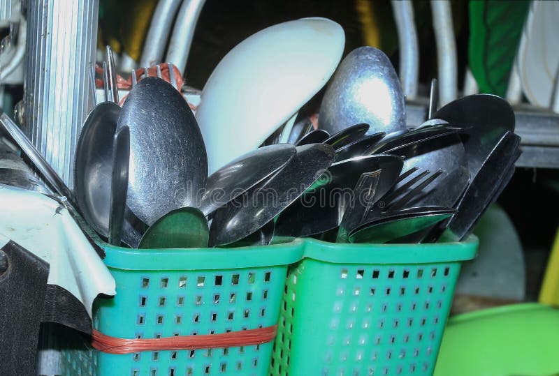 Kitchen Utensil Container. Several Kinds of Spoons in the Basket Stock ...