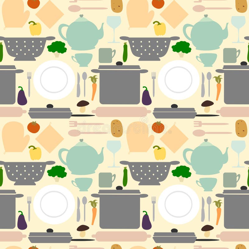 Kitchen Utensil and Food Seamless Pattern Background Illustration Stock ...