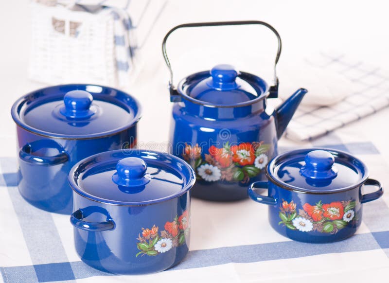 Kitchen Utensil Set Blue Pots Kettle Stock Photos - Free & Royalty-Free ...