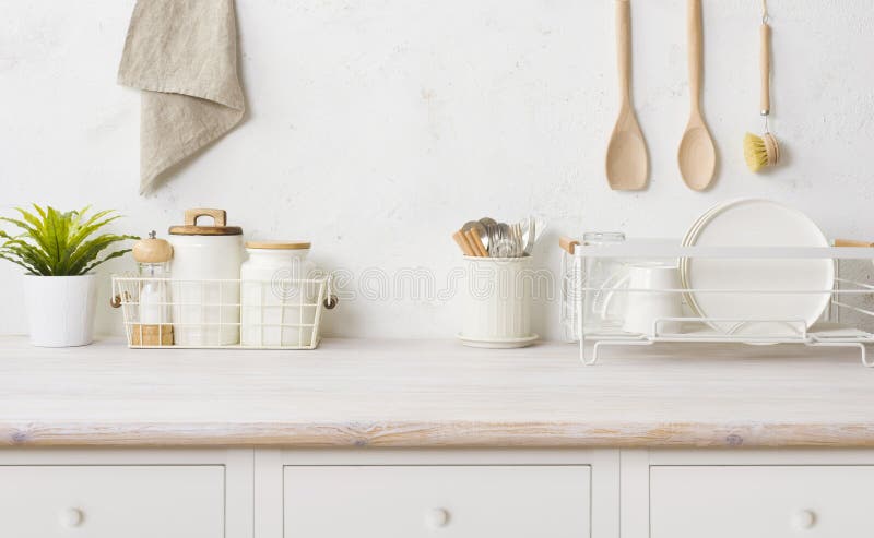 Kitchen Utensils on Cabinet Table with Space for Product Display Stock ...