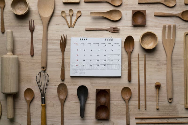 Kitchen Utensils and Calendar, Time for Prepare or Study Stock Photo ...