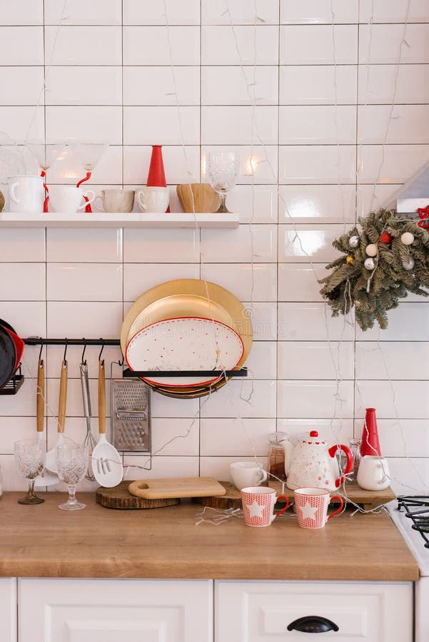 Kitchen Utensils and Christmas Decor in a White Cozy Kitchen Stock ...