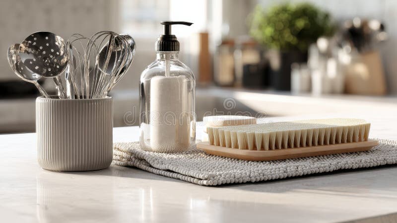 Kitchen Utensils and Cleaning Supplies on a Countertop. Modern Kitchen ...