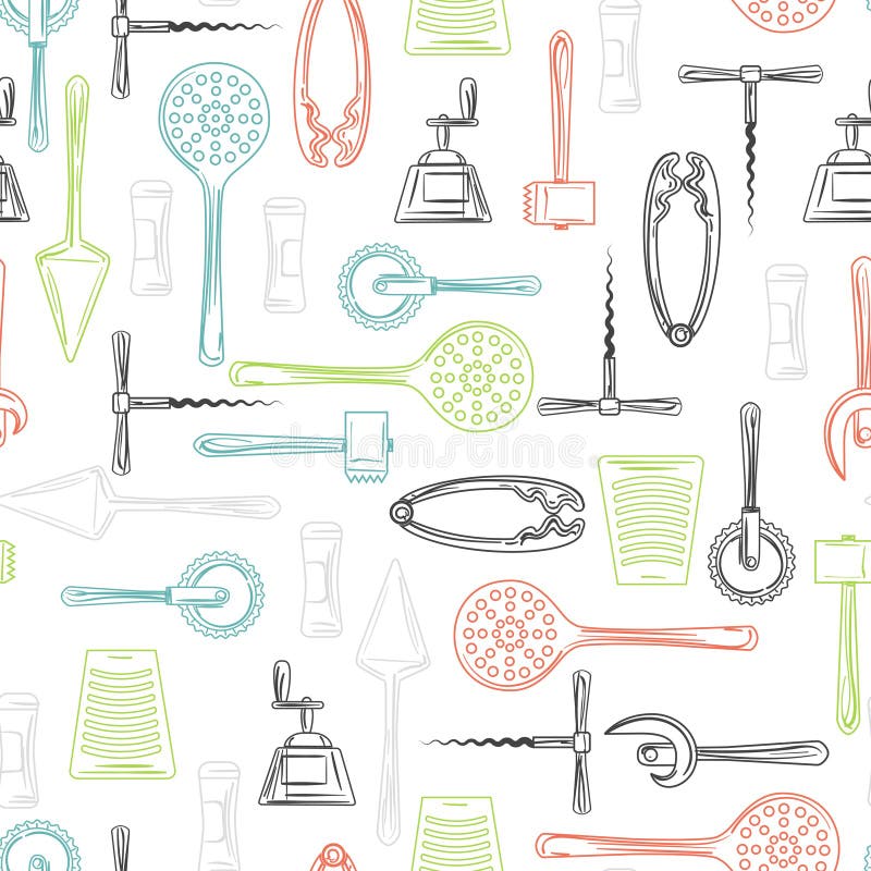 Kitchen Utensils Color Seamless Pattern Stock Vector - Illustration of ...
