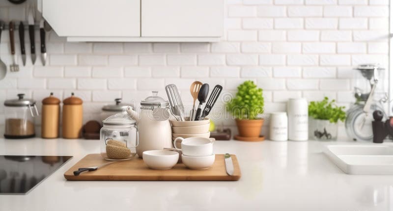 Kitchen Utensils, Cooking Ingredients and Kitchenware on White Counter ...