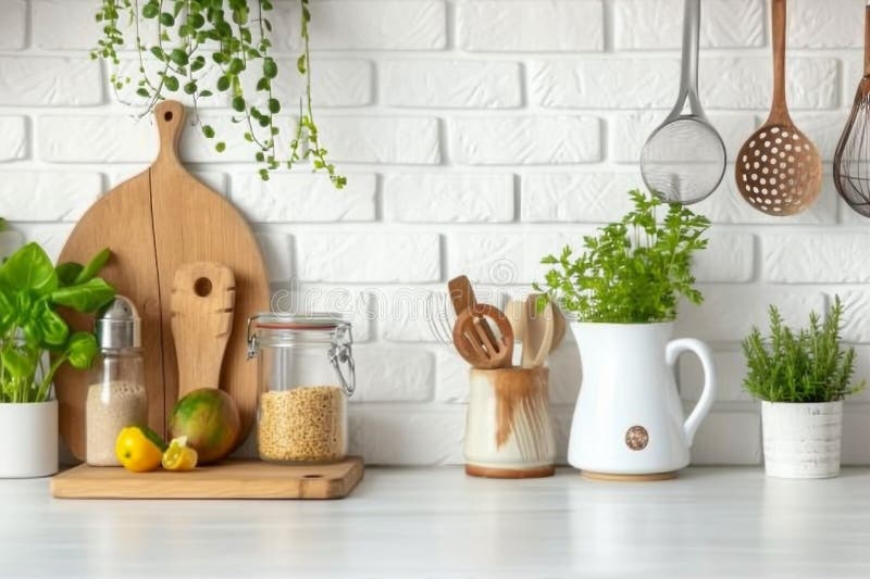 Kitchen Utensils, Cooking Ingredients and Kitchenware on White Counter ...