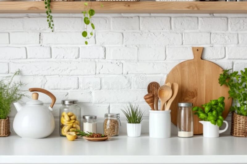 Kitchen Utensils, Cooking Ingredients and Kitchenware on White Counter ...