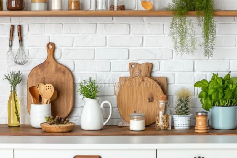 Kitchen Utensils, Cooking Ingredients and Kitchenware on White Counter ...