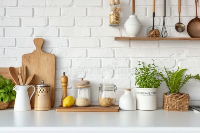 Kitchen Utensils, Cooking Ingredients and Kitchenware on White Counter ...