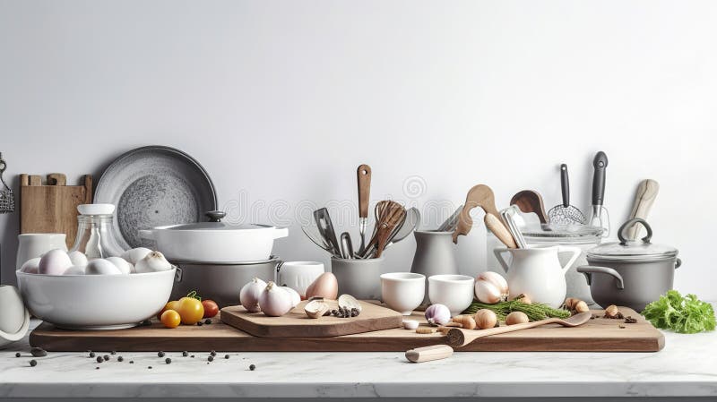 Kitchen Utensils, Cooking Ingredients and Kitchenware on White Counter ...