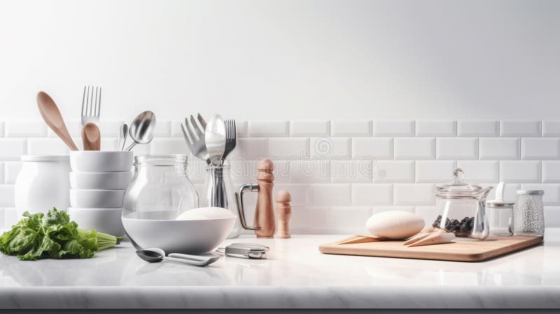 Kitchen Utensils, Cooking Ingredients and Kitchenware on White Counter ...