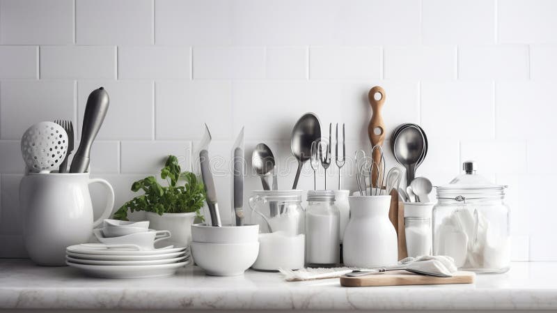 Kitchen Utensils, Cooking Ingredients and Kitchenware on White Counter ...