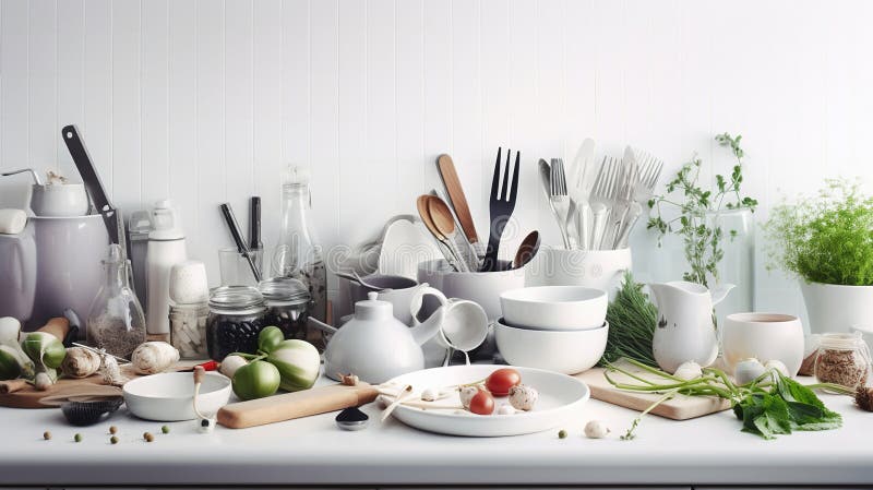 Kitchen Utensils, Cooking Ingredients and Kitchenware on White Counter Table. Generative Ai ...