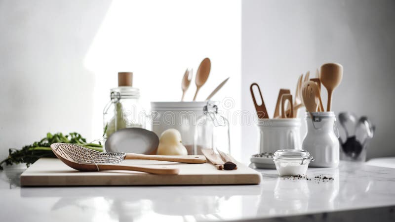 Kitchen Utensils, Cooking Ingredients and Kitchenware on White Counter ...