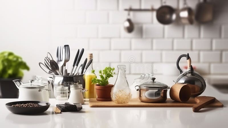 Kitchen Utensils, Cooking Ingredients on White Counter Table ...