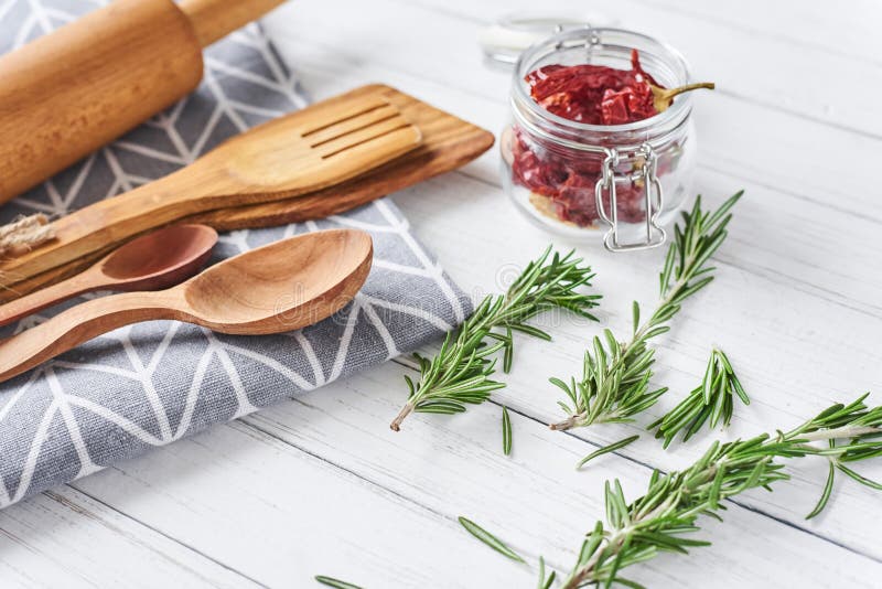 Kitchen Utensils and Cooking Ingredients on a White Wooden Background ...