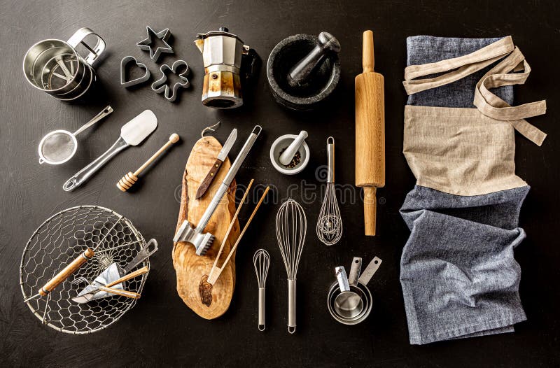 Kitchen Utensils Cooking Tools on Black Chalkboard Background Stock ...