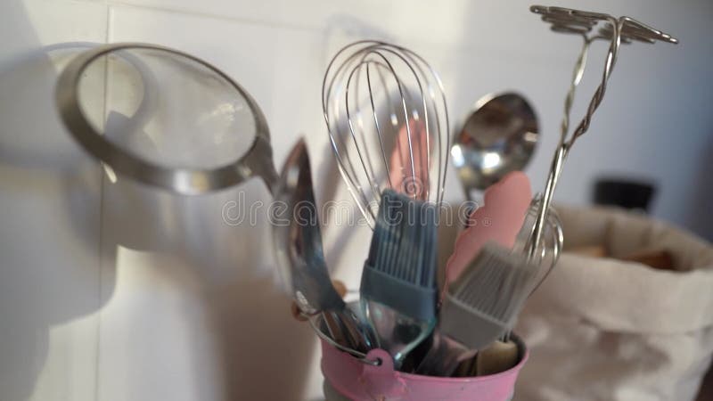 Kitchen Utensils or Cooking Tools in Iron Decorative Bucket, on Kitchen ...