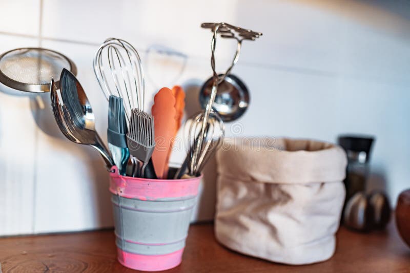 Kitchen Utensils or Cooking Tools in Iron Decorative Bucket, on Kitchen ...