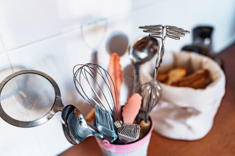 Kitchen Utensils or Cooking Tools in Iron Decorative Bucket, on Kitchen ...