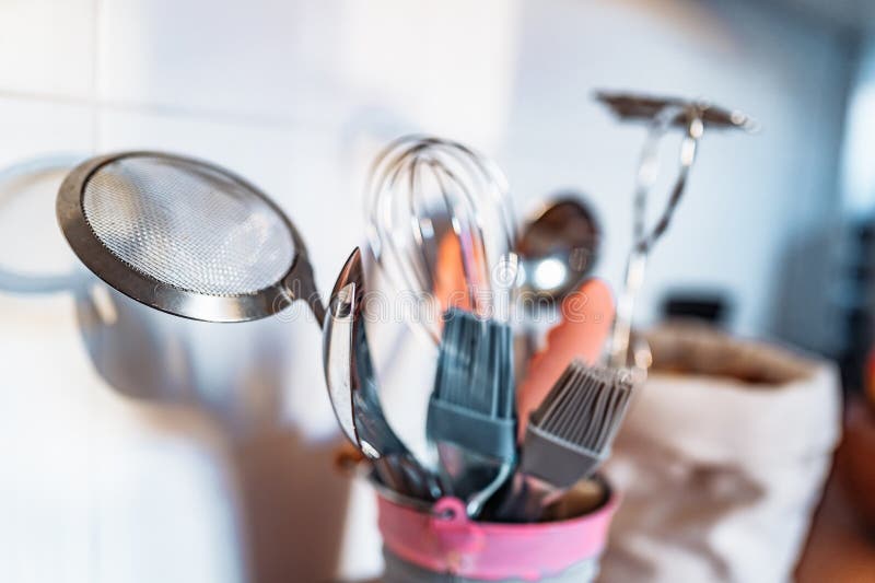 Kitchen Utensils or Cooking Tools in Iron Decorative Bucket, on Kitchen ...