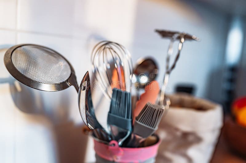 Kitchen Utensils or Cooking Tools in Iron Decorative Bucket, on Kitchen ...