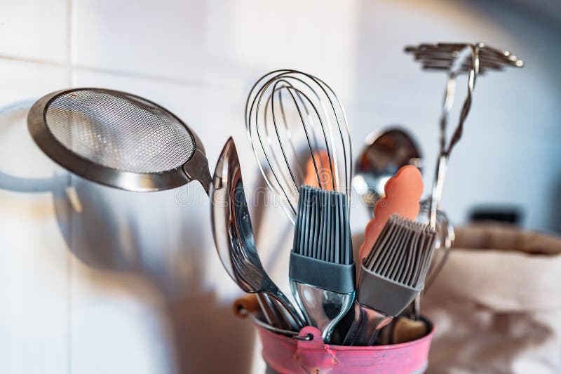 Kitchen Utensils or Cooking Tools in Iron Decorative Bucket, on Kitchen ...