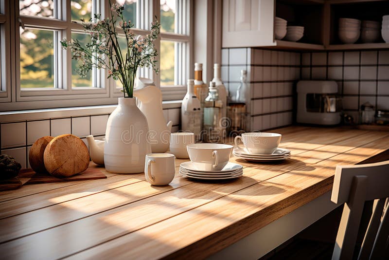 Kitchen Utensils, Dishes and Flowers in a Vase in the Scandinavian ...