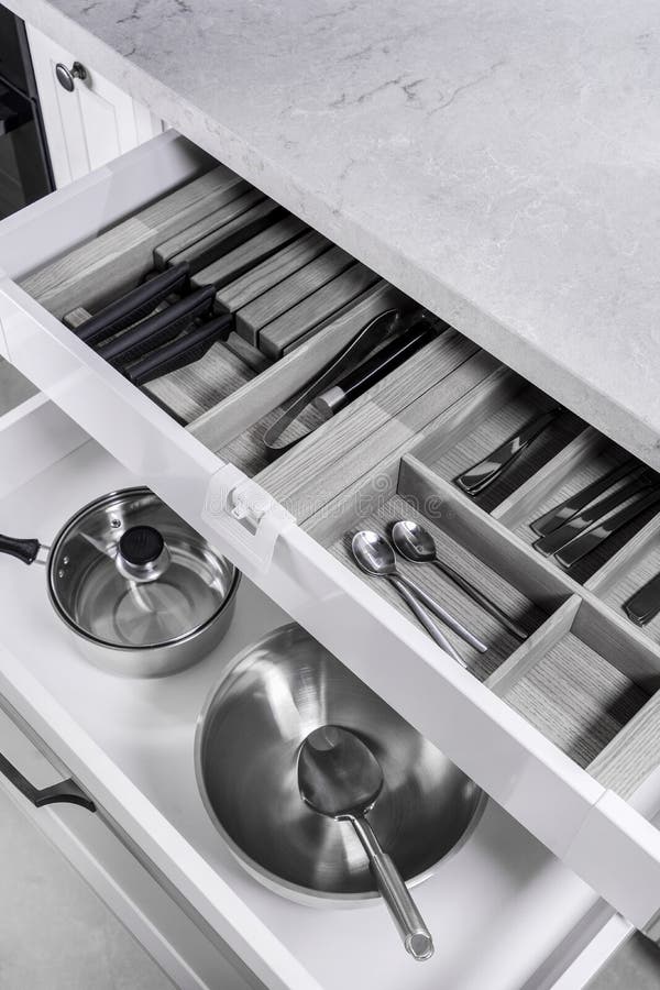Kitchen Utensils in Drawer. Forks, Spoons and Knives. Stock Image ...