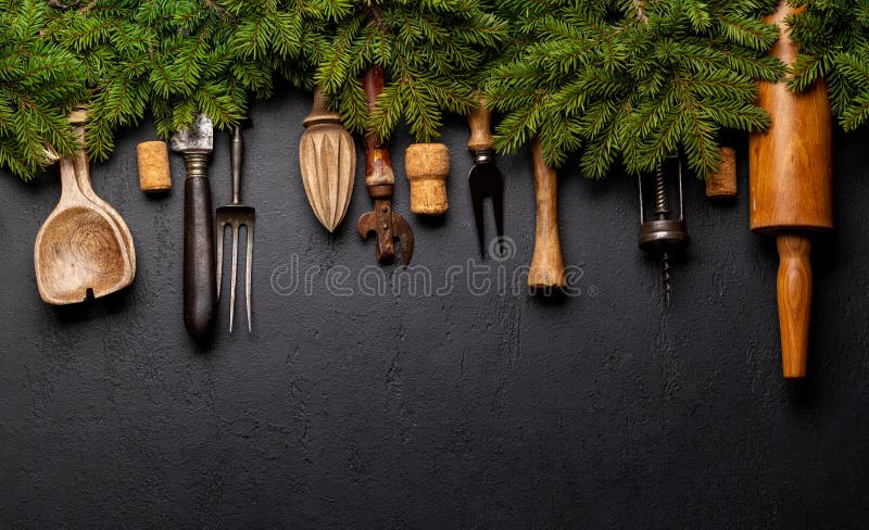 Kitchen Utensils and Fir Tree Branches on Cooking Table. Christmas ...